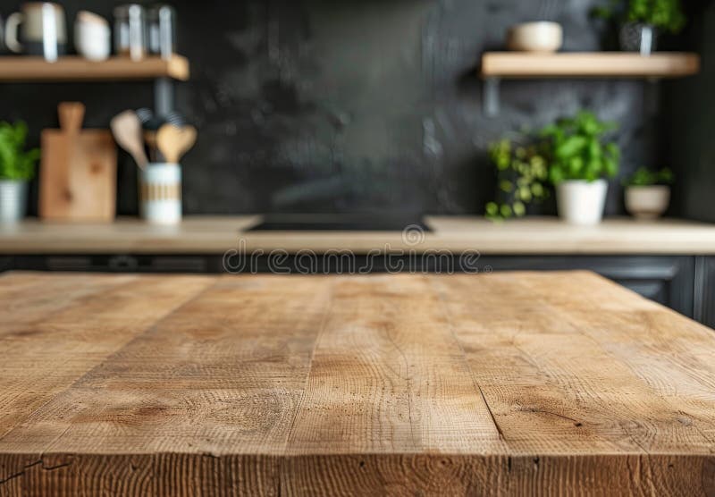 An Empty Wooden Table Situated in a Kitchen that Has White Cabinets ...