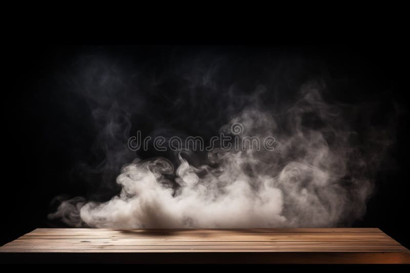 Empty Wooden Table with Smoke Float Up on Dark Background Stock ...