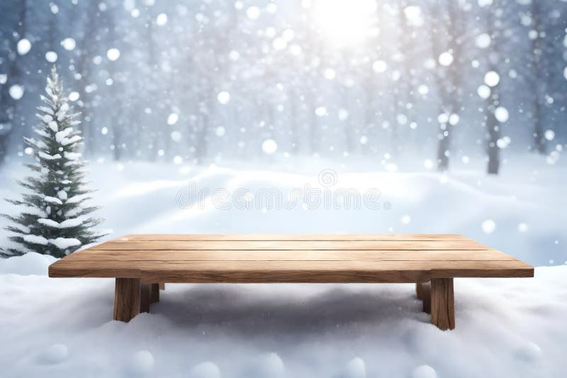 Empty Wooden Table on the Snow To Display Product Stock Illustration ...