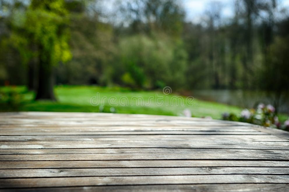 Empty Wooden Table in Spring Garden Stock Photo - Image of green, rural ...