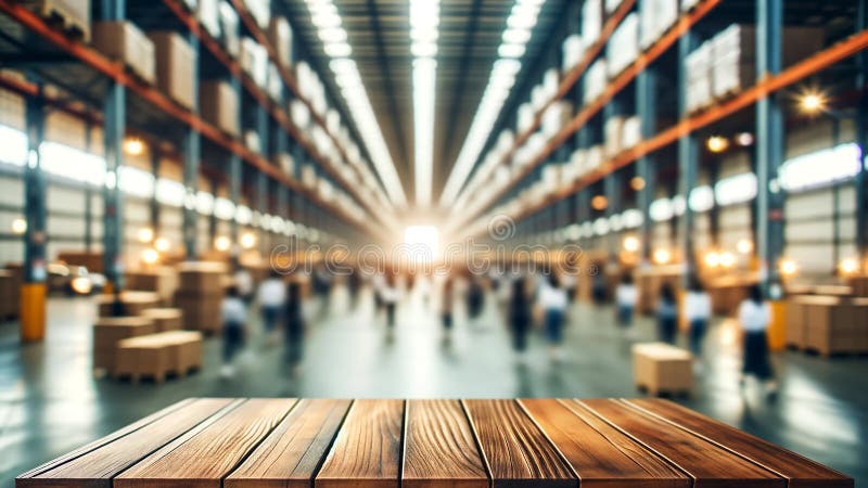 Empty Wooden Table Stands in the Foreground, with a Blurred Warehouse ...