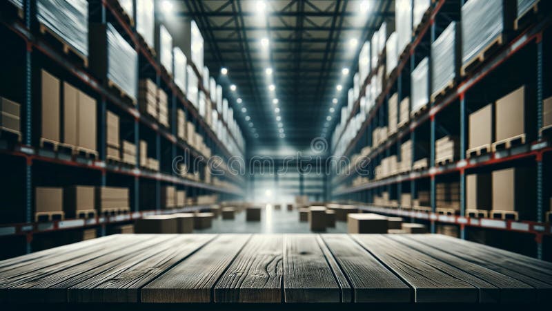Empty Wooden Table Stands in the Foreground, with a Blurred Warehouse ...