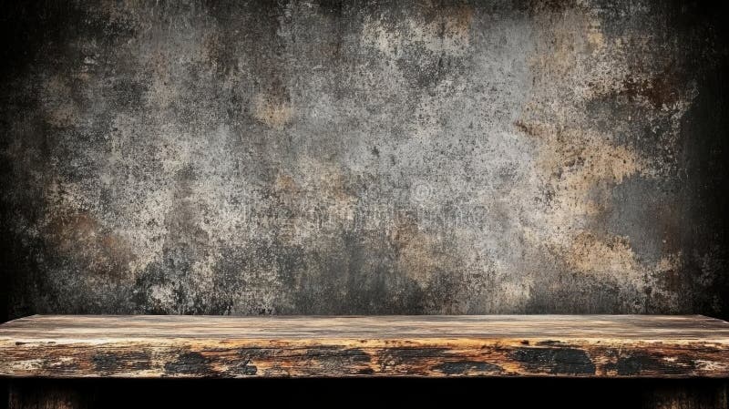 Empty Wooden Table Stands before Grunge Wall Background with Rustic ...