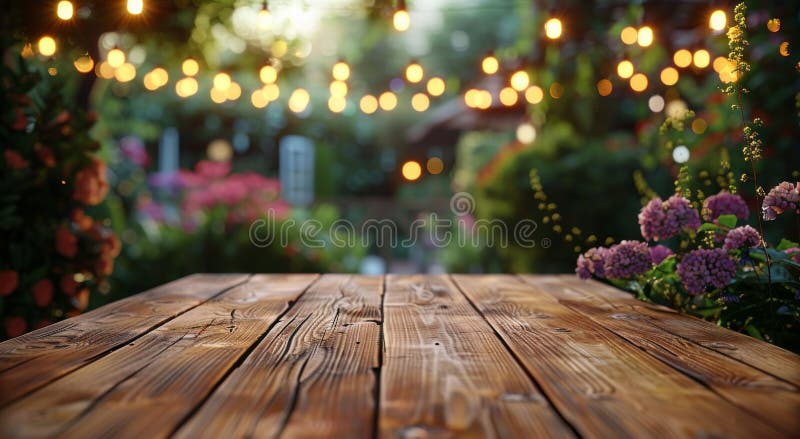 Empty Wooden Table with String Lights in a Backyard at Sunset Stock ...