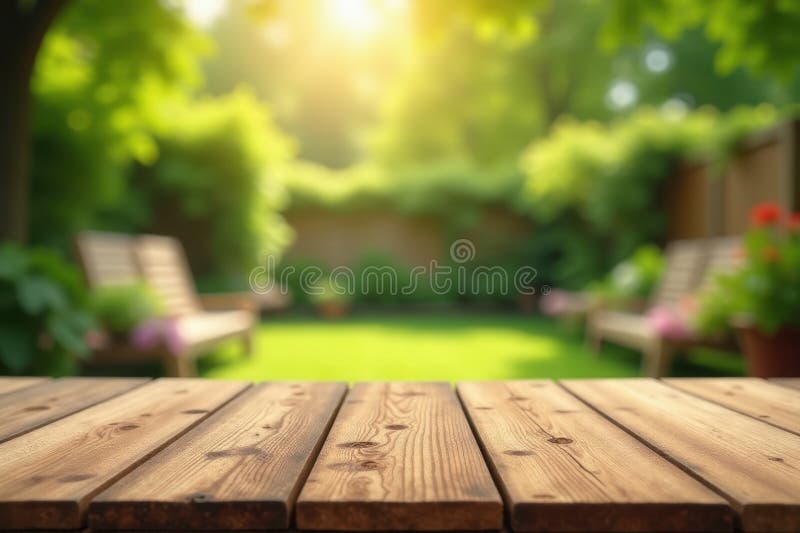 Empty Wooden Table, Summer Backyard Party Blur, Green, Sunny Stock ...