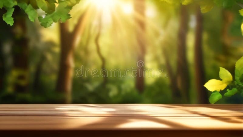 Empty Wooden Table Sun Rays Trees Green Blurred Background Generative ...
