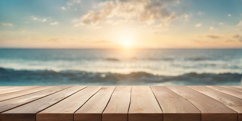Empty Wooden Table with Sunny Sea Stock Illustration - Illustration of ...