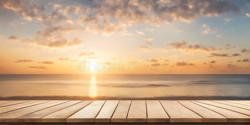 Empty Wooden Table with Sunny Sea Stock Illustration - Illustration of ...