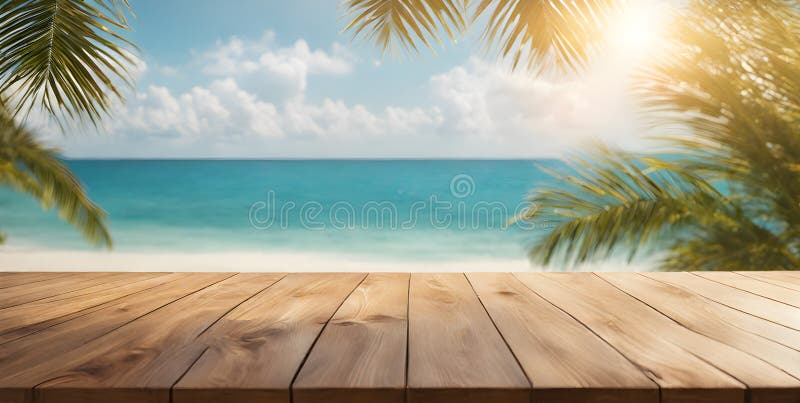 Empty Wooden Table with Sunny Sea Stock Illustration - Illustration of ...