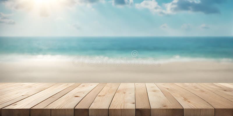 Empty Wooden Table with Sunny Sea Stock Illustration - Illustration of ...