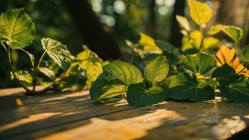 Empty Wooden Table Surrounded by Leaves Stock Illustration ...