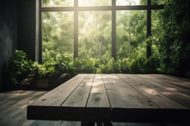 Empty Wooden Table Surrounded by Lush Greenery, Bringing Nature Indoors ...