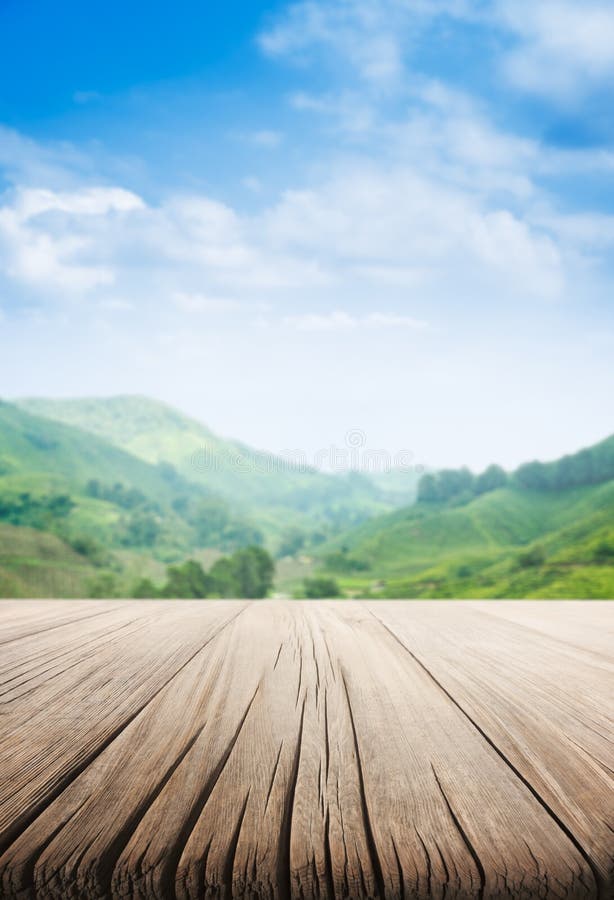 Empty Wooden Table and Tea Plantation Stock Image - Image of material ...
