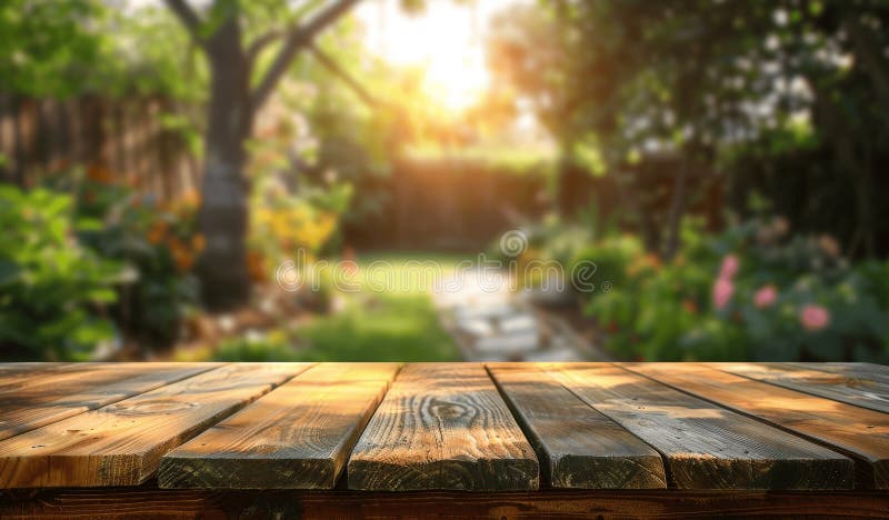 Empty Wooden Table Top with Blurred Backyard Garden Background Stock ...