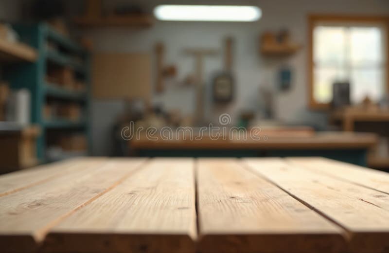 Empty Wooden Table Top in Blurred Workshop. Workbench with Tools in ...