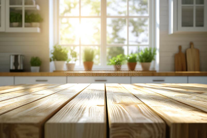 Empty Wooden Table Top in Bright Kitchen with Sunlight Streaming ...