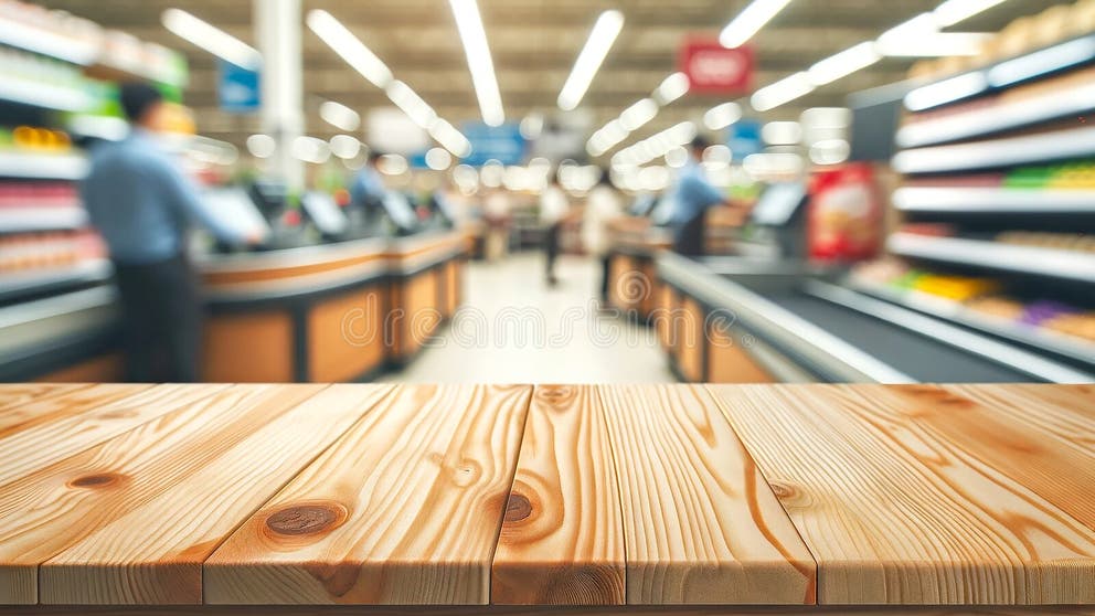 Empty Wooden Table Top with the Checkout Counters of a Supermarket ...