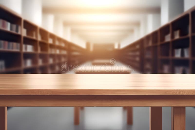 Empty Wooden Table Top with Empty Library Bookstore Shelf of Book ...