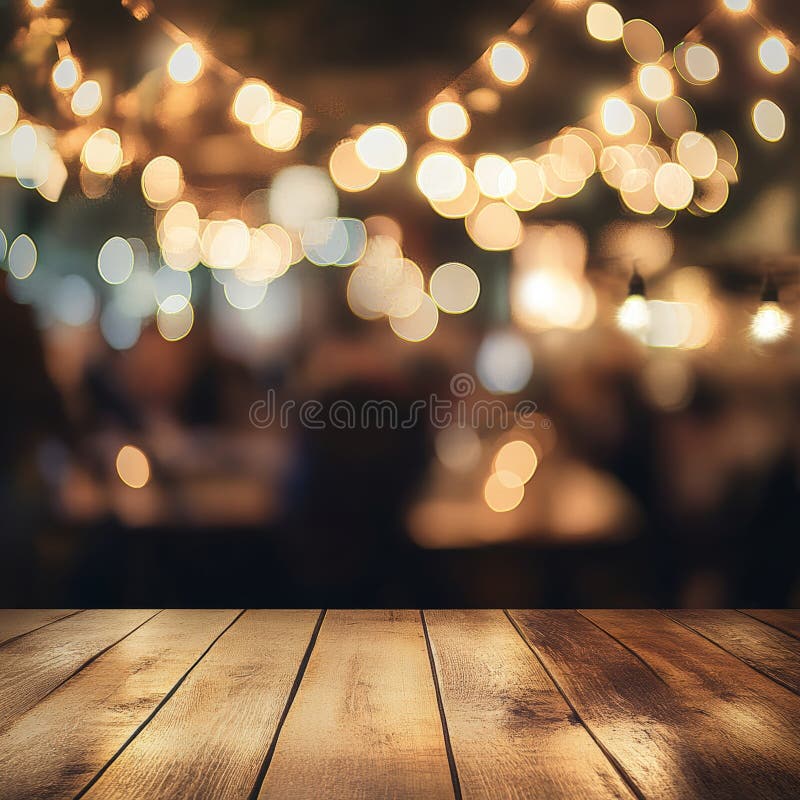 Empty Wooden Table Top with Festive Blurred String Lights in Restaurant ...