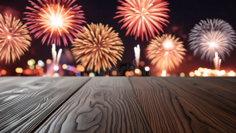 Empty Wooden Table Top with Fireworks at Night Background Blurred Stock ...