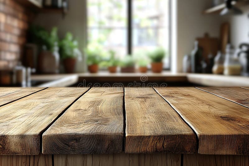 Empty Wooden Table Top in Front of a Blurred Kitchen Background Stock ...