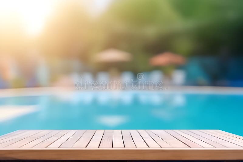 Empty Wooden Table Top in Front of Swimming Pool at Summer Blurred ...