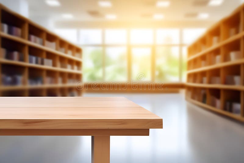 Empty Wooden Table Top with Empty Library Bookstore Shelf of Book ...