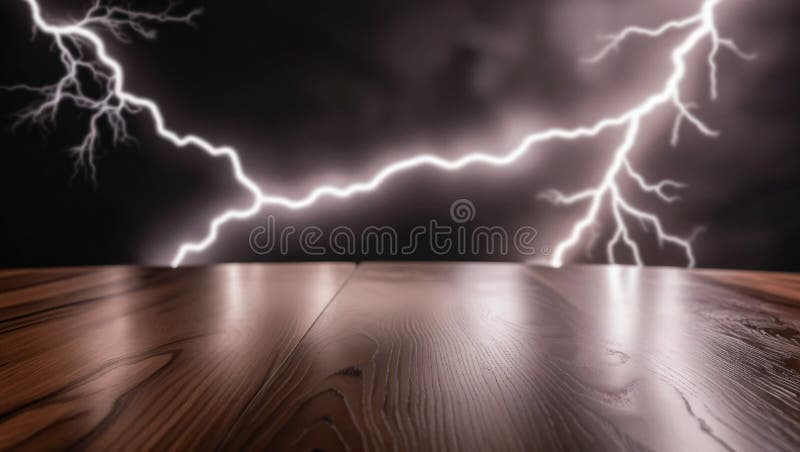 Empty Wooden Table Top with Lightning Background Blurred Stock ...