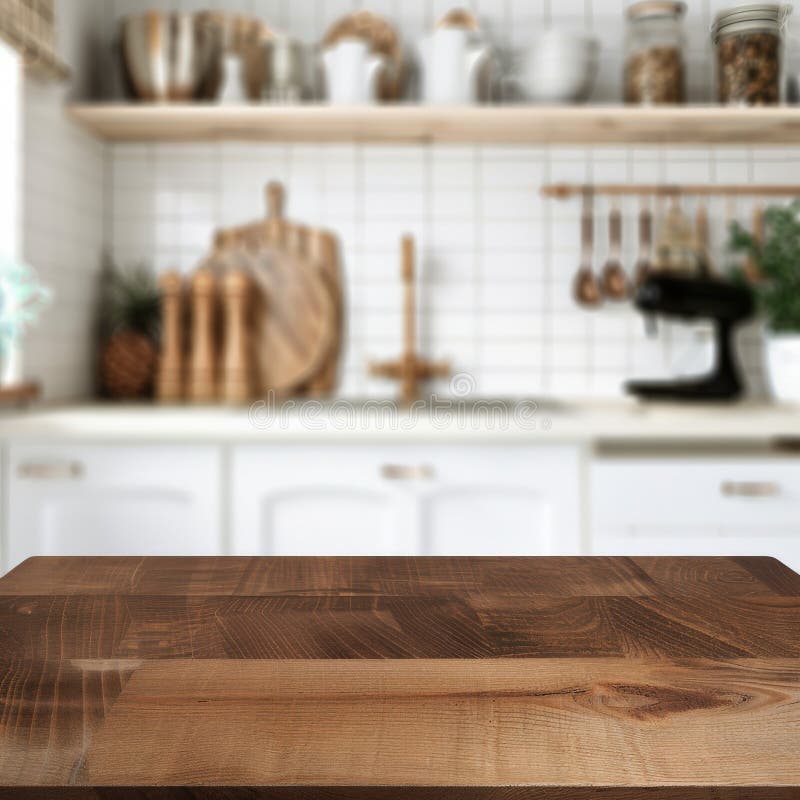 Empty Wooden Table Top for Product Display in Blurred Kitchen Setting ...