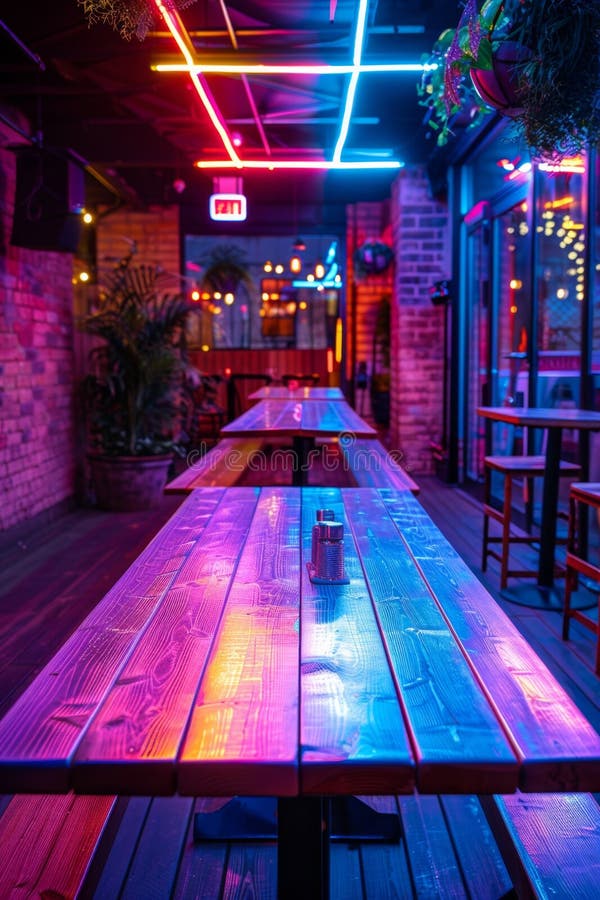 An Empty Wooden Table Under Vibrant Neon Lights at Night, Creating a ...
