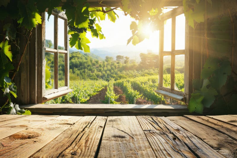 Empty Wooden Table and Vineyard View Out of Open Window. Generative AI ...