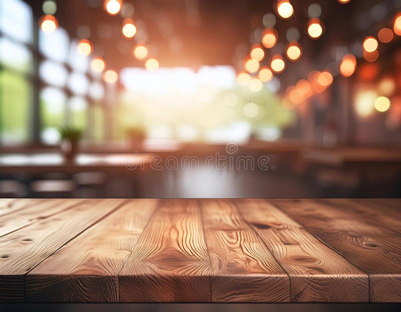 Empty Wooden Table in a Warm, Inviting Space with Blurred Lights Stock ...