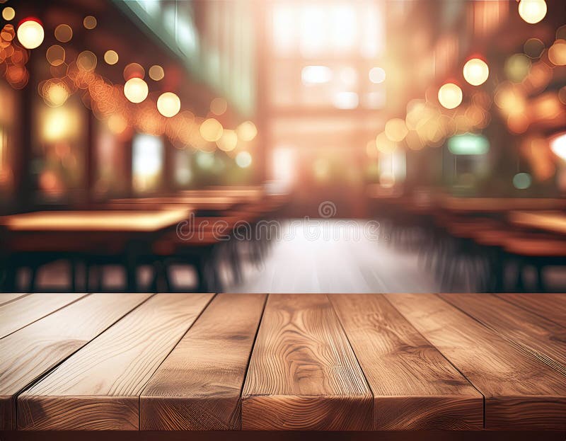 Empty Wooden Table in a Warm, Inviting Space with Blurred Lights Stock ...