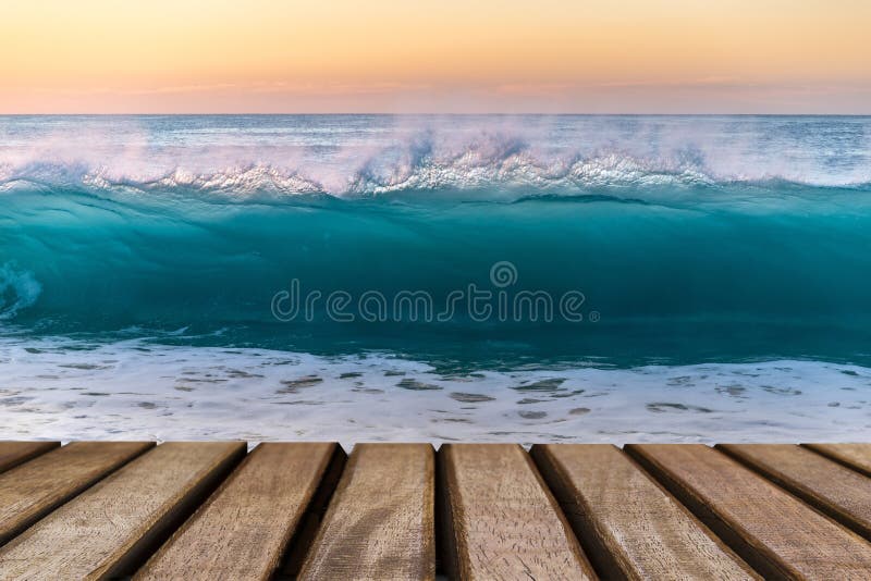 Empty Wooden Table and Wave on the Beach Stock Photo - Image of ...