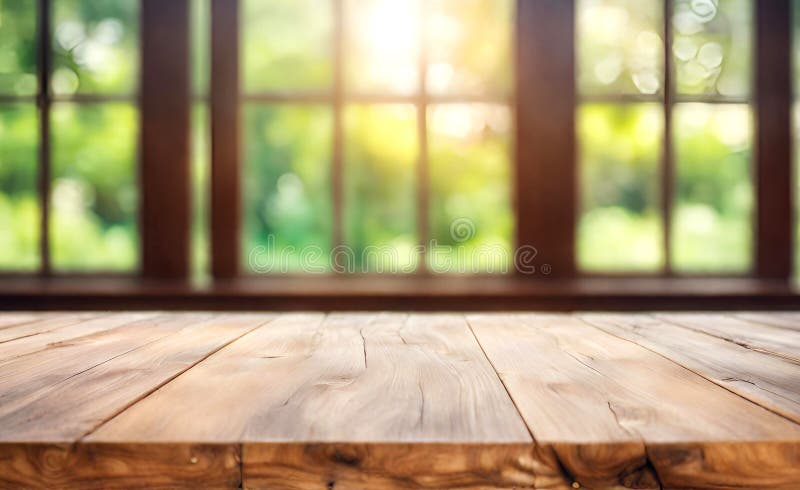 Empty Wooden Table with a Window and the Backyard View. Stock ...