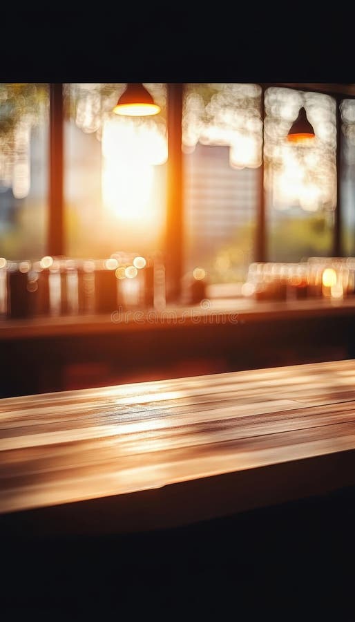 Empty Wooden Tabletop Bar Counter Restaurant Window Sunlight Warmth ...