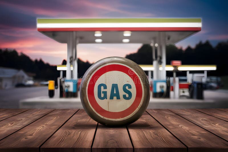 Empty Wooden Tabletop with Blurred Gas Station Scene Backdrop Stock ...