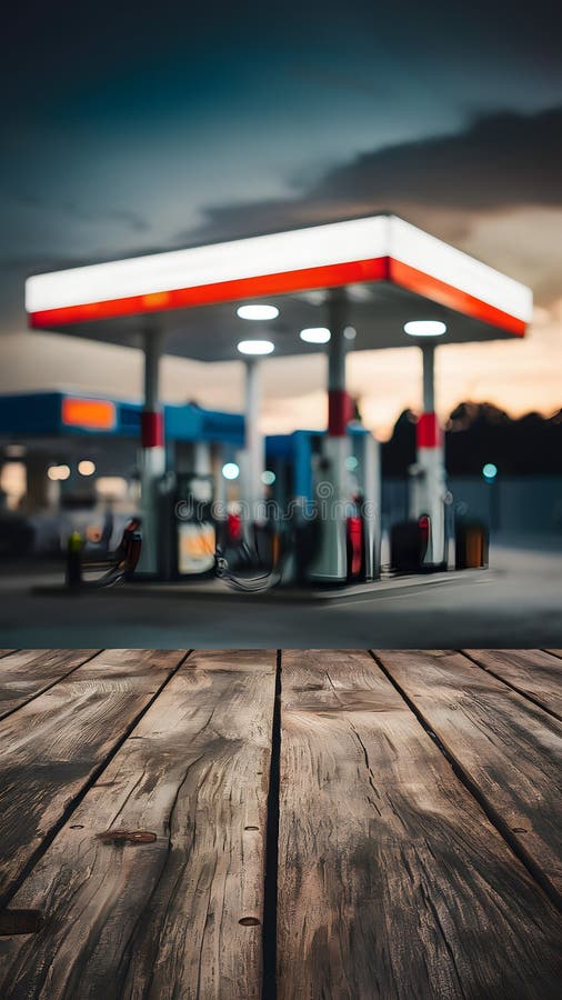 Empty Wooden Tabletop with Blurred Gas Station Scene Backdrop Stock ...