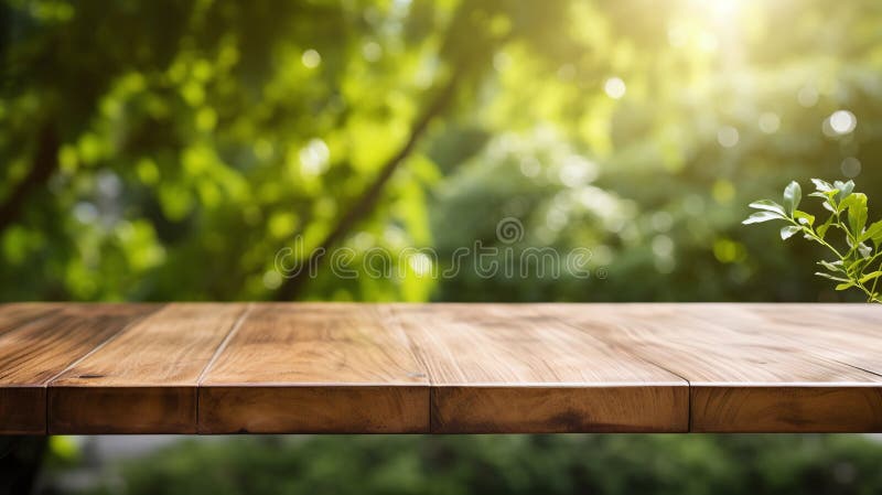 Empty Wooden Tabletop with a Blurred Green Leafy Background and ...