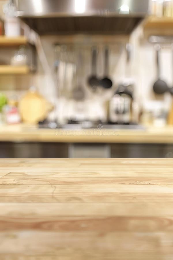 Empty Wooden Tabletop with Blurred Kitchen Background for Display Stock ...