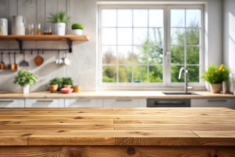 Empty Wooden Tabletop with Blurred Kitchen Background Stock ...