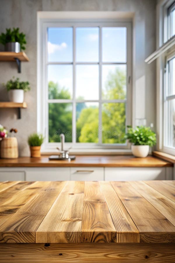 Empty Wooden Tabletop with Blurred Kitchen Background Stock ...