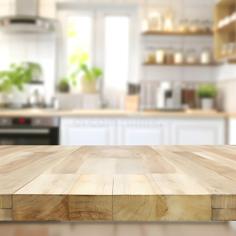 Empty Wooden Tabletop on Blurred Kitchen Background Stock Illustration ...