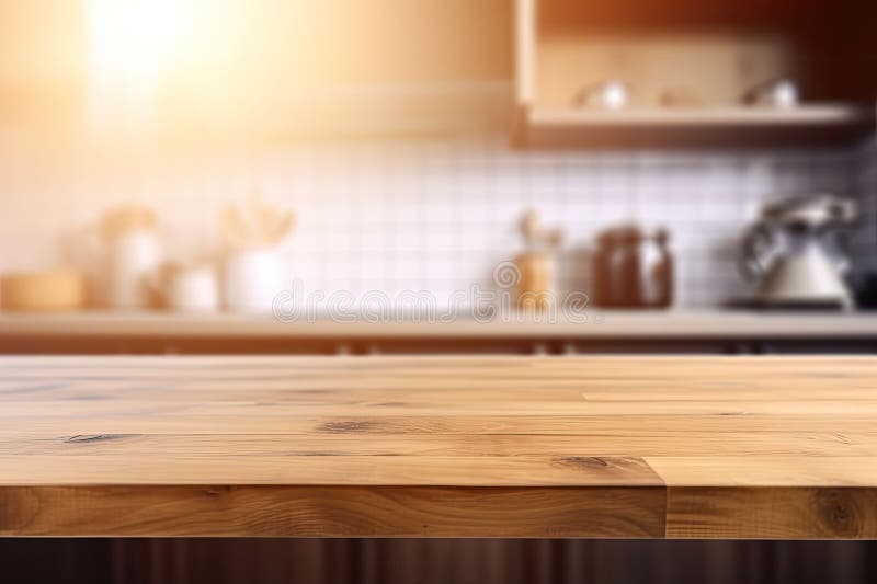 Empty Wooden Tabletop with Blurred Kitchen Background. Generative AI ...