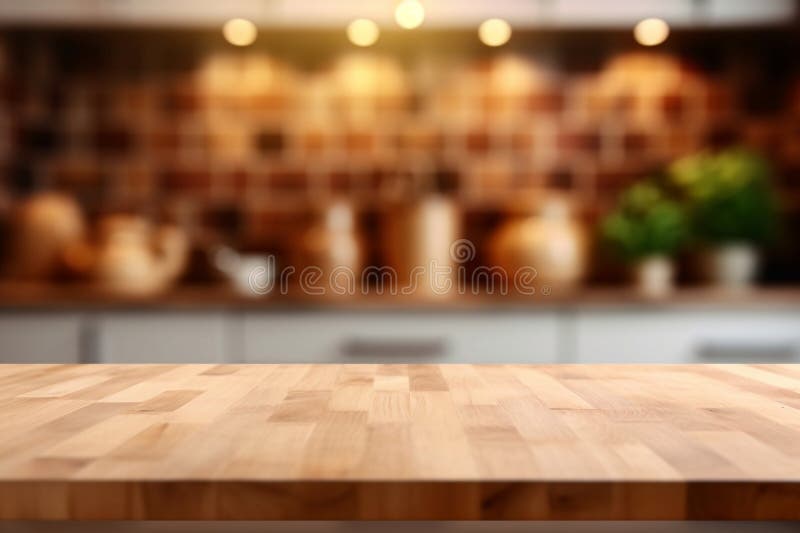 Empty Wooden Tabletop Blurred Kitchen Background. Generative AI Stock ...