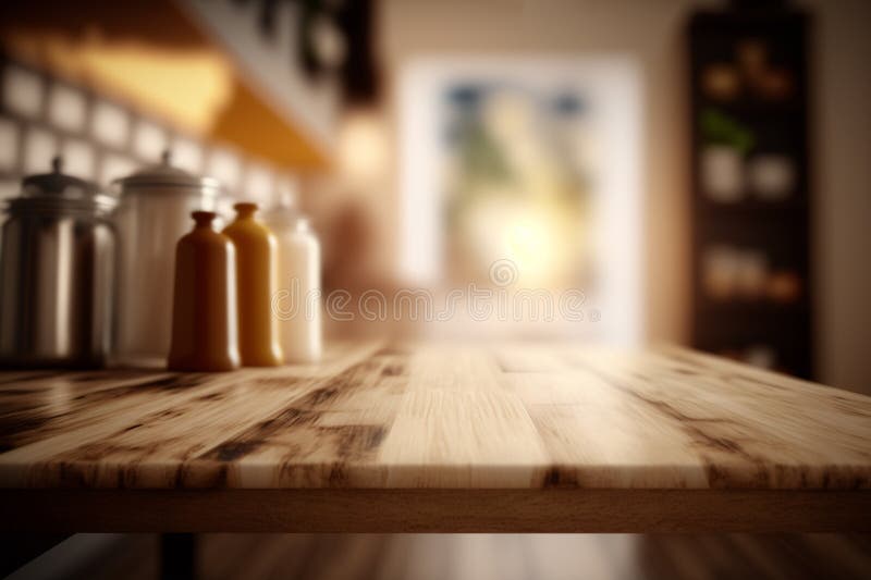Empty Wooden Tabletop with Blurred Kitchen Background. Mock Up for ...