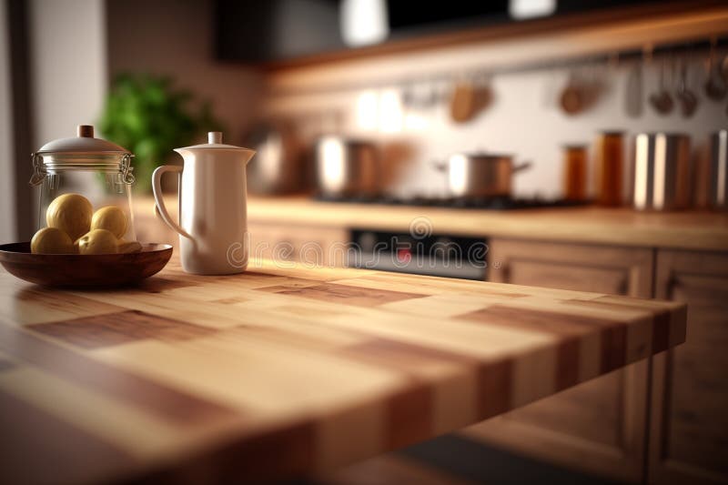 Empty Wooden Tabletop with Blurred Kitchen Background. Mock Up for ...