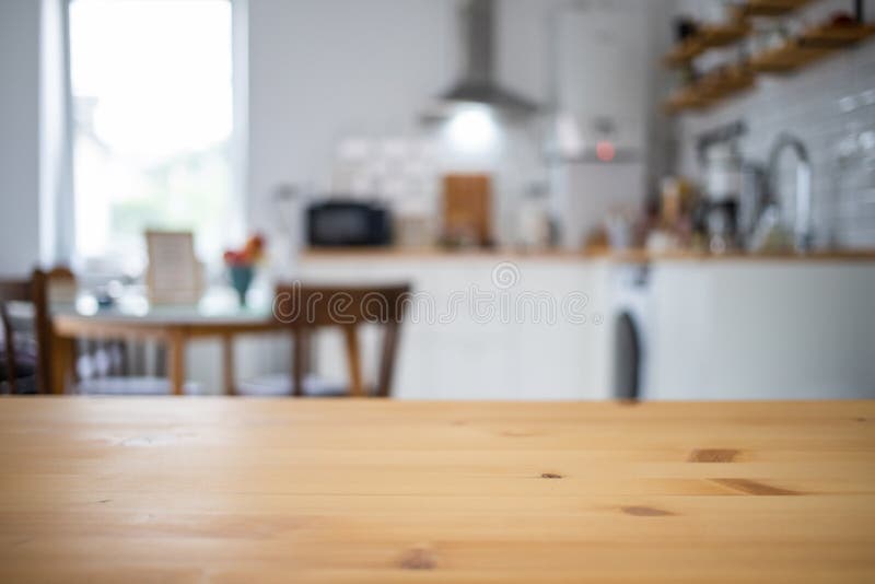 Empty Wooden Tabletop and Blurred Kitchen Mock Up for Product Display ...