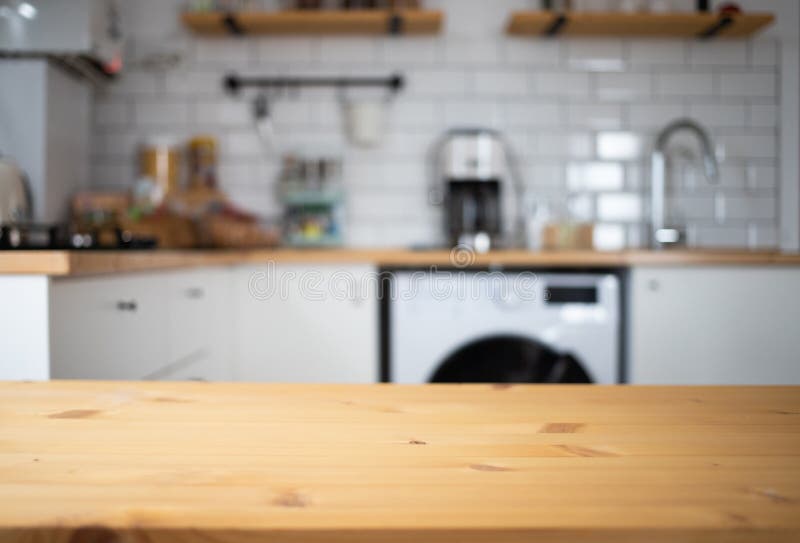 Empty Wooden Tabletop and Blurred Kitchen Mock Up for Product Display ...