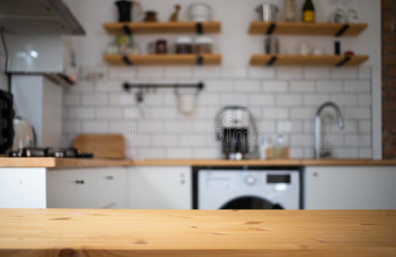 Empty Wooden Tabletop and Blurred Kitchen Mock Up for Product Display ...